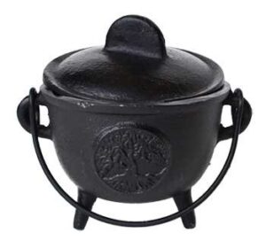 azuregreen home fragrance incense holder cauldrons tree of life cast iron three legged with handle and lid 5"