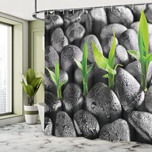 Ambesonne Plant Shower Curtain, Basalt Stones with Bamboo Leaves Sticking Water Droplets Harmony of Nature, Cloth Fabric Bathroom Decor Set with Hooks, 69" W x 75" L, Dark Taupe Lime Green