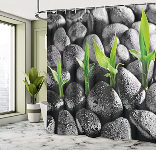 Ambesonne Plant Shower Curtain, Basalt Stones with Bamboo Leaves Sticking Water Droplets Harmony of Nature, Cloth Fabric Bathroom Decor Set with Hooks, 69" W x 75" L, Dark Taupe Lime Green