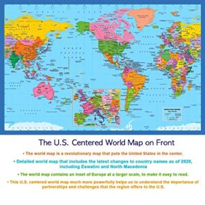 Classic United States USA and World Desk Map, 2-Sided Print, 2-Sided Sealed Lamination, Small Poster Size 11.5 x 17.5 inches (1 Desk Map)