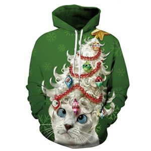 couple 3d santa print ugly christmas kangaroo pocket sweatshirt hoodies pullover lady cat s/m