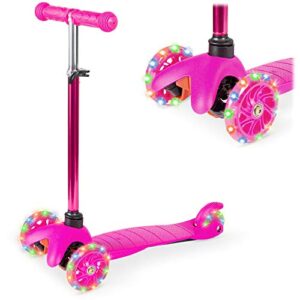 best choice products kids mini kick scooter toy w/light-up wheels, height adjustable t-bar, foot break - pink