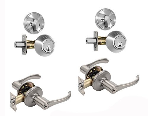 Dynasty Hardware CP-VAI-US15, Vail Front Door Entry Lever Lockset and Single Cylinder Deadbolt Combination Set, Satin Nickel (2 Pack) Keyed Alike