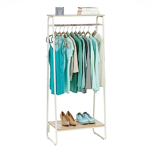 IRIS USA Metal Garment Rack with 2 Wood Shelves, White and Light Brown