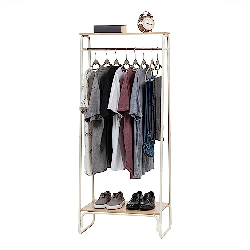 IRIS USA Metal Garment Rack with 2 Wood Shelves, White and Light Brown