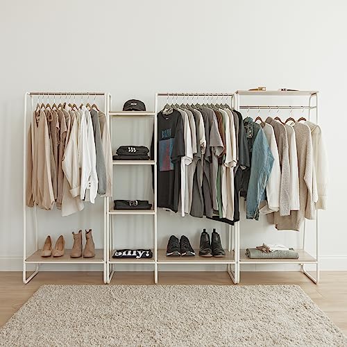 IRIS USA Metal Garment Rack with 2 Wood Shelves, White and Light Brown