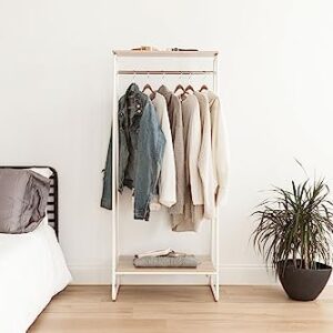 IRIS USA Metal Garment Rack with 2 Wood Shelves, White and Light Brown