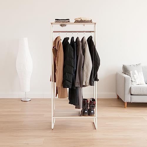 IRIS USA Metal Garment Rack with 2 Wood Shelves, White and Light Brown