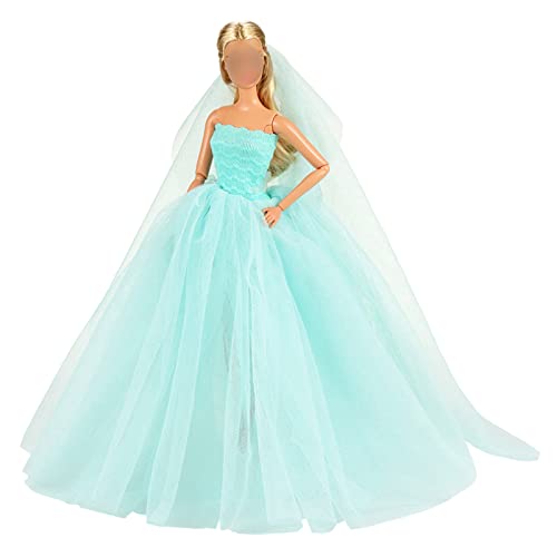 BARWA Light Blue Wedding Dress with Veil Evening Party Princess Light Blue Gown Dress for 11.5 inch Girl Doll