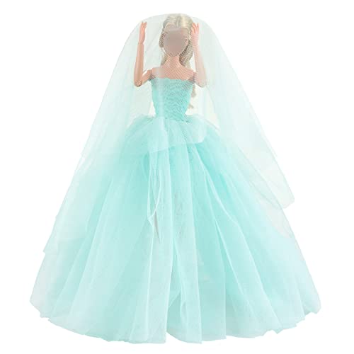 BARWA Light Blue Wedding Dress with Veil Evening Party Princess Light Blue Gown Dress for 11.5 inch Girl Doll