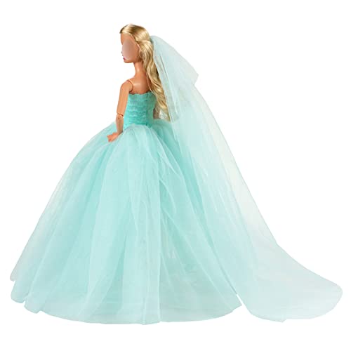 BARWA Light Blue Wedding Dress with Veil Evening Party Princess Light Blue Gown Dress for 11.5 inch Girl Doll