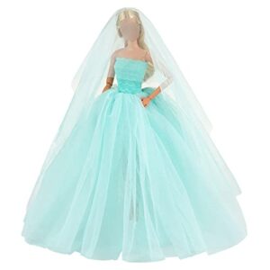 BARWA Light Blue Wedding Dress with Veil Evening Party Princess Light Blue Gown Dress for 11.5 inch Girl Doll