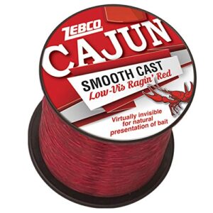 zebco cajun smooth cast monofilament fishing line, low-vis ragin’ red quarter pound spool, 650-yards, 20-pound, virtually invisible, natural presentation