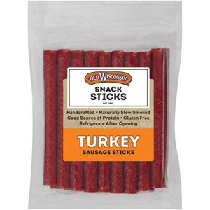 old wisconsin turkey sausage snack sticks, naturally smoked, ready to eat, high protein, low carb, keto, gluten free, 16 ounce resealable package