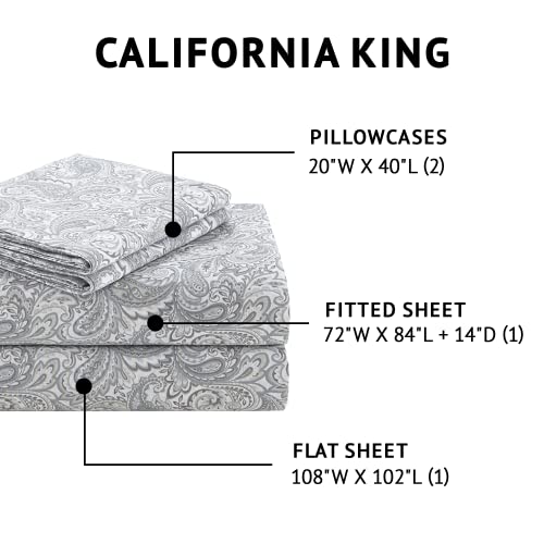 Comfort Spaces 100% Cotton Sheet Set Breathable, Lightweight, Soft with 14" Elastic Pocket Fits up to 16" Mattress, All Season Cozy Bedding, Matching Pillow Case, Cal King Paisley Multi 4 Piece