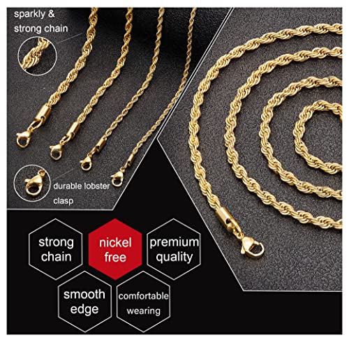 Gold Plated Necklace for Men 2.5MM 18 Inches Stainless Steel Twist Rope Chain for Women Boys