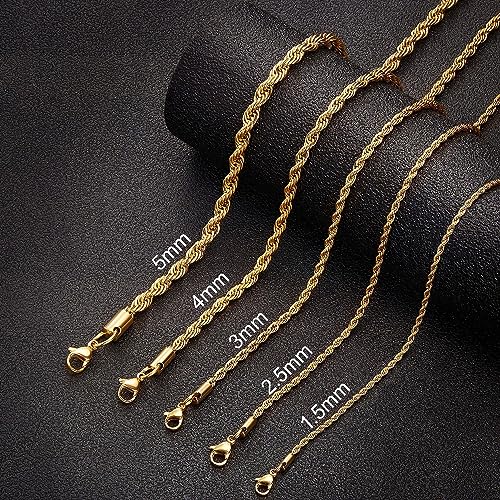 Gold Plated Necklace for Men 2.5MM 18 Inches Stainless Steel Twist Rope Chain for Women Boys