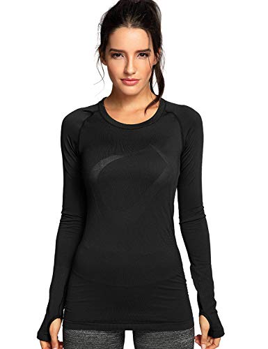 CRZ YOGA Women's Seamless Athletic Long Sleeves Sports Running Shirt Breathable Gym Workout Top Black-Slim Fit Small