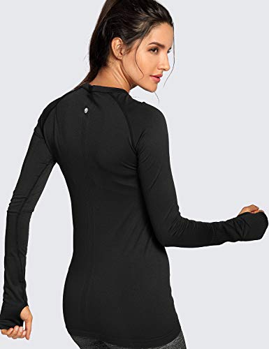 CRZ YOGA Women's Seamless Athletic Long Sleeves Sports Running Shirt Breathable Gym Workout Top Black-Slim Fit Small