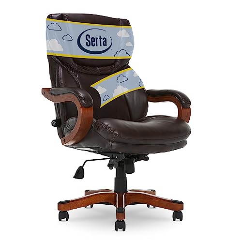 Serta Big and Tall Executive Office Chair with Wood Accents Adjustable High Back Ergonomic Lumbar Support, Bonded Leather, 30.5D x 27.25W x 43.5H in, Brown