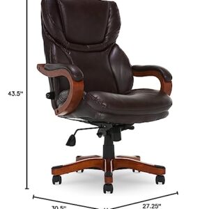 Serta Big and Tall Executive Office Chair with Wood Accents Adjustable High Back Ergonomic Lumbar Support, Bonded Leather, 30.5D x 27.25W x 43.5H in, Brown