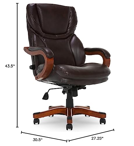 Serta Big and Tall Executive Office Chair with Wood Accents Adjustable High Back Ergonomic Lumbar Support, Bonded Leather, 30.5D x 27.25W x 43.5H in, Brown