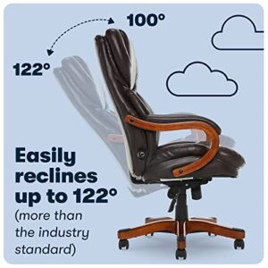 Serta Big and Tall Executive Office Chair with Wood Accents Adjustable High Back Ergonomic Lumbar Support, Bonded Leather, 30.5D x 27.25W x 43.5H in, Brown