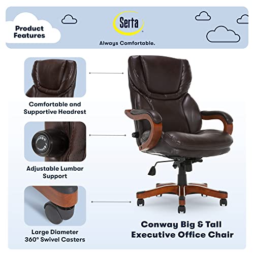 Serta Big and Tall Executive Office Chair with Wood Accents Adjustable High Back Ergonomic Lumbar Support, Bonded Leather, 30.5D x 27.25W x 43.5H in, Brown