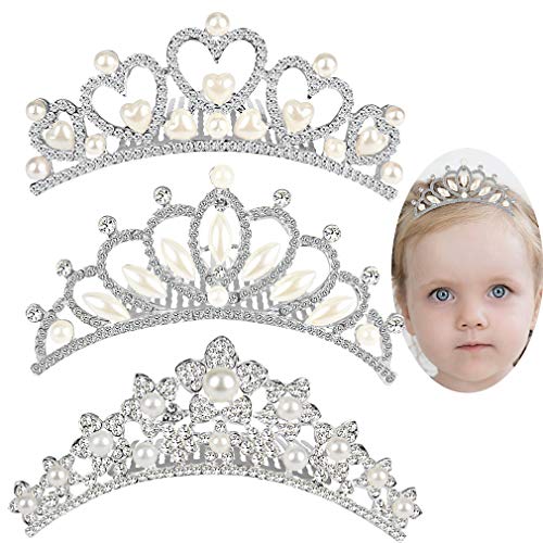 ANBALA Small Tiara Crown with Hair Comb, 3 Pack Mini Tiara Crown Princess Crystal Shiny Hair Accessories for 2 3 4 5 6 7 8 9 Years Girls Hair Dectoration Styling Cute Hair Accessories (3 Styles)