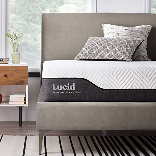 Lucid 10 Inch King Hybrid Mattress - Bamboo Charcoal and Aloe Vera Infused - Medium Firm Feel - Memory Foam Mattress - Moisture Wicking - Odor Reducing - White/Black,White/grey