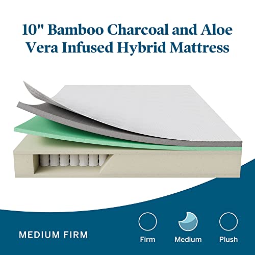 Lucid 10 Inch King Hybrid Mattress - Bamboo Charcoal and Aloe Vera Infused - Medium Firm Feel - Memory Foam Mattress - Moisture Wicking - Odor Reducing - White/Black,White/grey