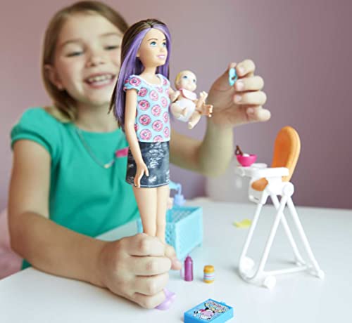 Barbie Skipper Babysitters Inc Dolls & Accessories, Set with Skipper Doll, Color-Change Baby Doll, High Chair & Crib