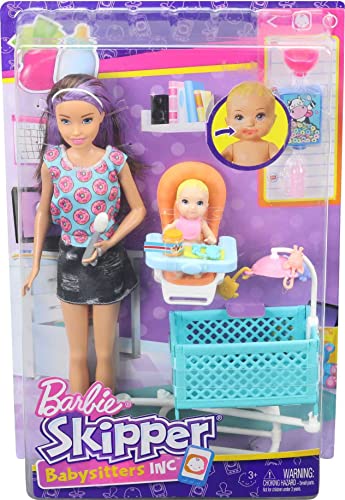 Barbie Skipper Babysitters Inc Dolls & Accessories, Set with Skipper Doll, Color-Change Baby Doll, High Chair & Crib