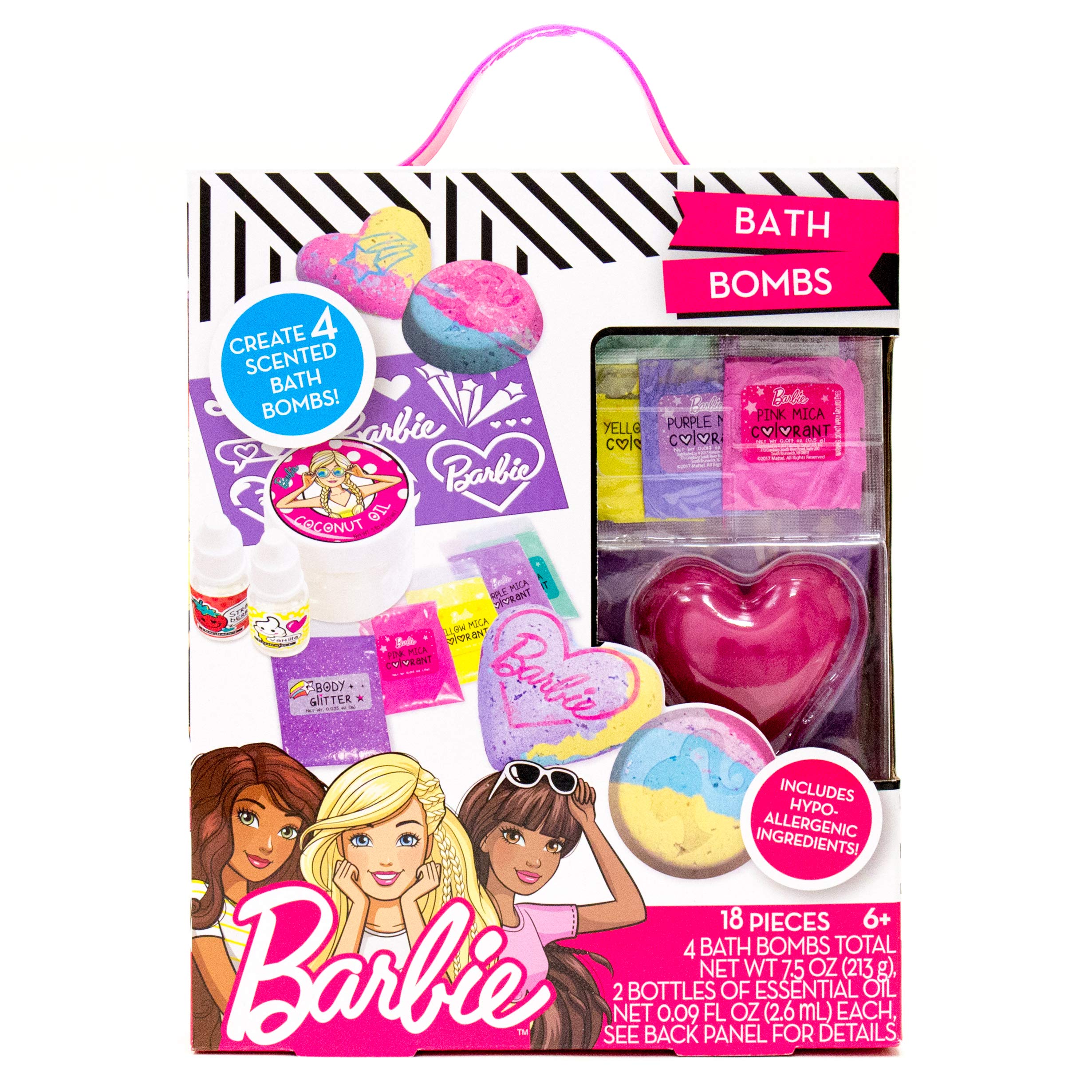 Barbie Make Your Own Bath Bomb Kit by Horizon Group USA, DIY Four Custom Colorful & Sweet-Smelling Bath Bombs, Includes Stencil, Glitter, Molds, Fragrances & More, Pink, Yellow, Teal & Purple