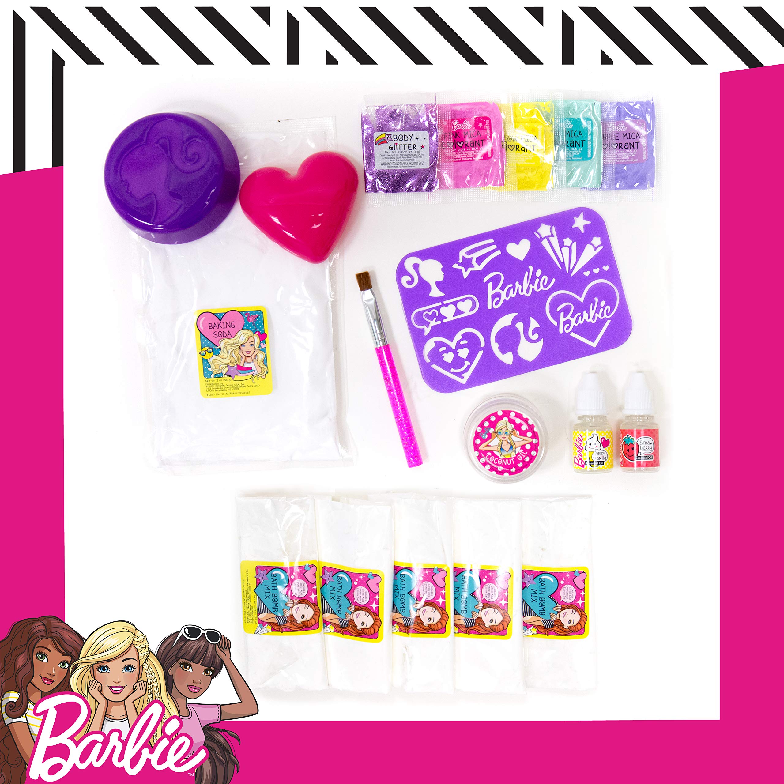 Barbie Make Your Own Bath Bomb Kit by Horizon Group USA, DIY Four Custom Colorful & Sweet-Smelling Bath Bombs, Includes Stencil, Glitter, Molds, Fragrances & More, Pink, Yellow, Teal & Purple