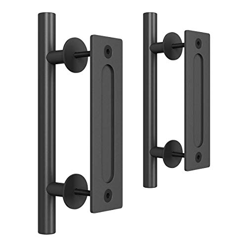 SMARTSTANDARD 2PCS 12" Pull and Flush Barn Door Handle Set, Large Rustic Two-Side Design, for Gates Garages Sheds Furniture, Black, Square