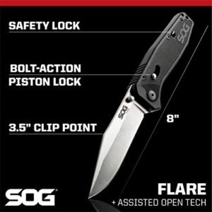 SOG Flare Folding and Pocket Knife Assisted Opening Tech Knife w/ 3.5 Inch Stainless Straight Edge Blade & Tactical Knife GRN Grip (FLA1001-CP), Black