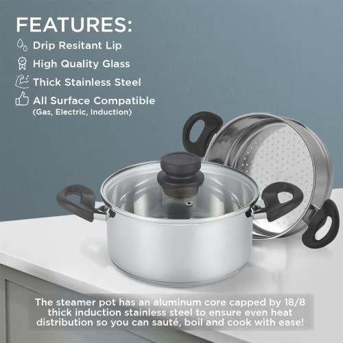 Nevlers 3 Piece Premium Heavy Duty Stainless Steel Steamer Pot Set Includes 3 Quart Cooking Pot, 2 Quart Steamer Insert and Vented Glass Lid | Stack and Steam Pot Set for All Cooking Surfaces