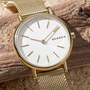 Skagen Women's Signatur Quartz Analog Stainless Steel and Stainless Steel Mesh Watch, Color: Gold / White (Model: SKW2693)