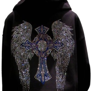 Multicolor Rhinestone Cross and Angel Wings Black Zipper Hoodie(XL)