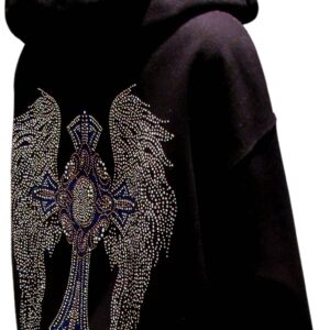 Multicolor Rhinestone Cross and Angel Wings Black Zipper Hoodie(XL)