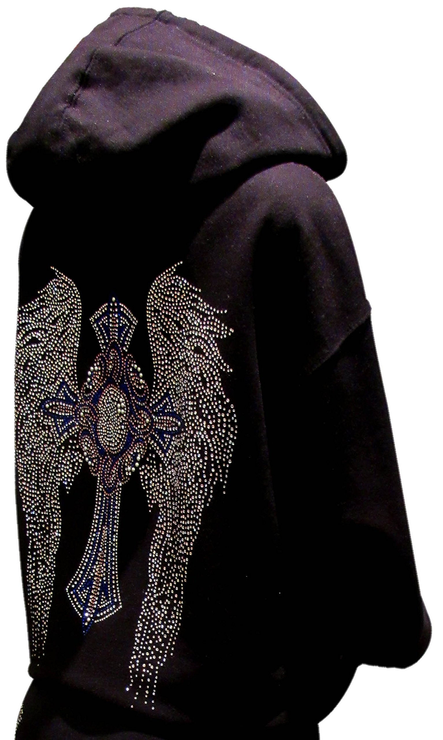 Multicolor Rhinestone Cross and Angel Wings Black Zipper Hoodie(XL)