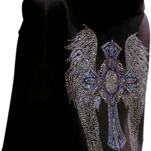 Multicolor Rhinestone Cross and Angel Wings Black Zipper Hoodie(XL)