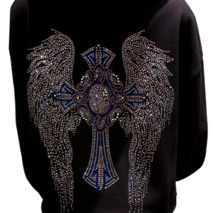 Multicolor Rhinestone Cross and Angel Wings Black Zipper Hoodie(XL)