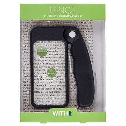 WITHit Hinge Lighted Rectangular Magnifier, Black – 2X Magnification with 4X Magnification Bubble - LED Portable Magnifying Glass for Reading - Collapsible Handle for Storage and Travel