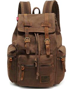 huachen vintage travel canvas leather backpack for men,computers laptop backpacks rucksack, shoulder camping hiking backpacks for men women (m32_coffee)