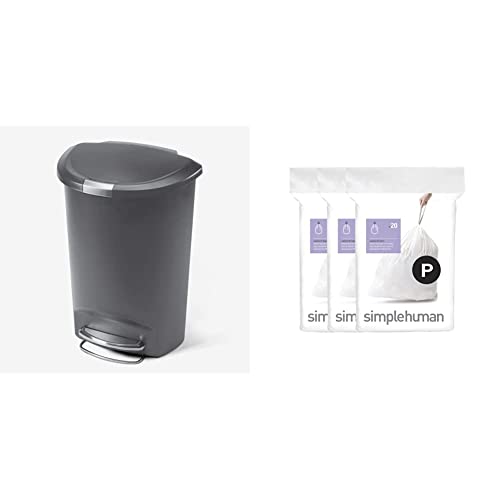 simplehuman 50 litre semi-round step can grey plastic + code P 60 pack liners