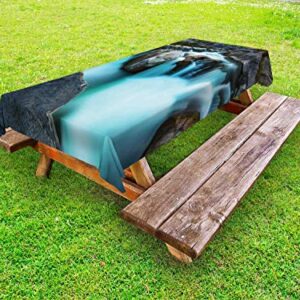 Ambesonne Landscape Outdoor Tablecloth, Waterfall Basalt Rocks Rural Scenery National Park Nature Woods Photo, Decorative Washable Picnic Table Cloth, 58" X 104", Sky Blue Grey Green