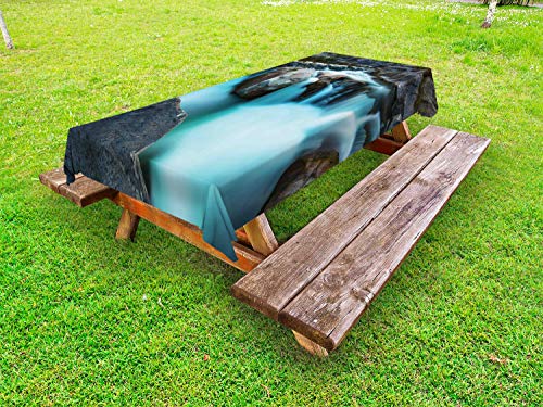 Ambesonne Landscape Outdoor Tablecloth, Waterfall Basalt Rocks Rural Scenery National Park Nature Woods Photo, Decorative Washable Picnic Table Cloth, 58" X 104", Sky Blue Grey Green