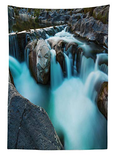 Ambesonne Landscape Outdoor Tablecloth, Waterfall Basalt Rocks Rural Scenery National Park Nature Woods Photo, Decorative Washable Picnic Table Cloth, 58" X 84", Sky Blue Grey Green